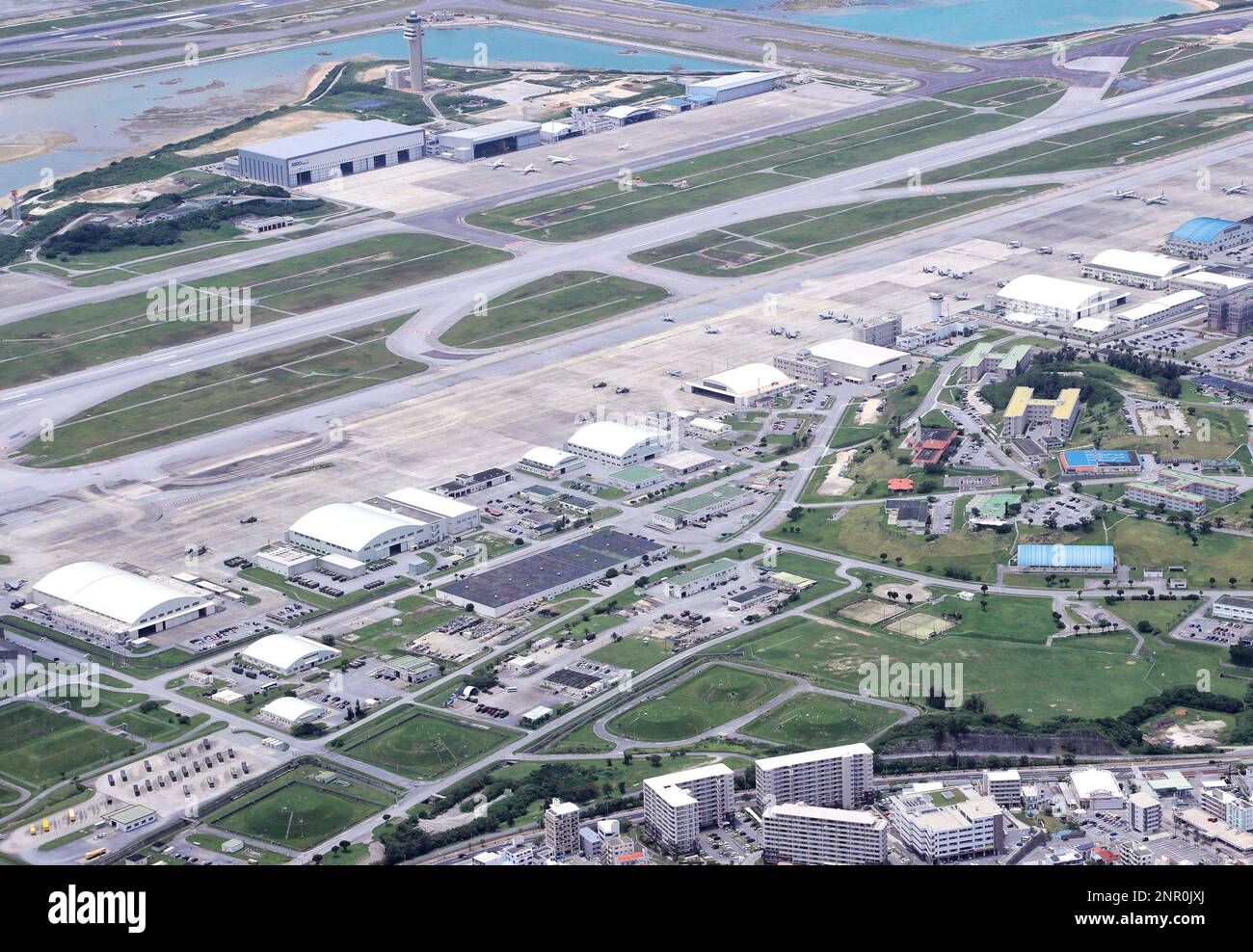 An aerial photo shows Naha Airport in Naha City, Okinawa Prefecture on ...