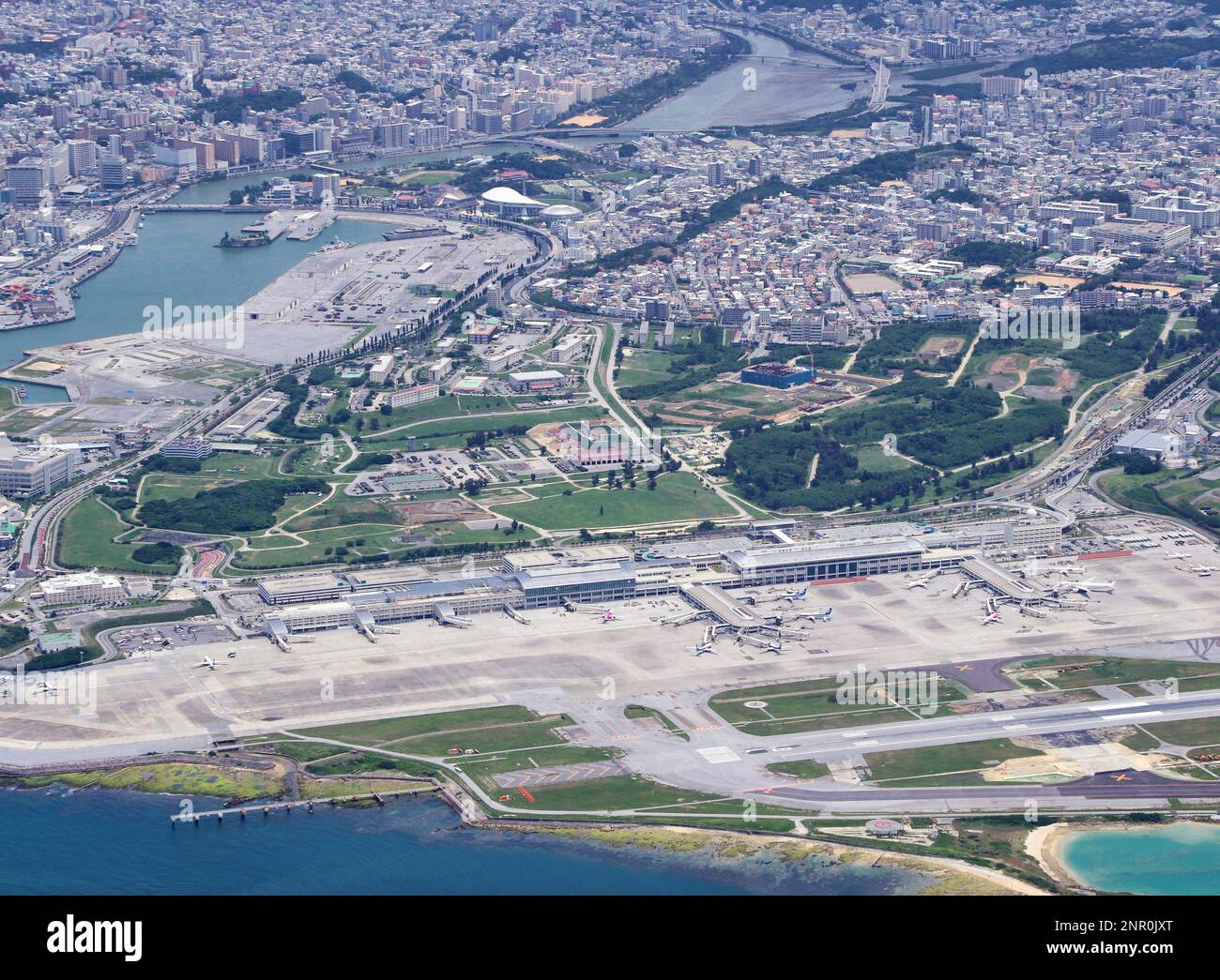 An aerial photo shows Naha Airport in Naha City, Okinawa Prefecture on ...