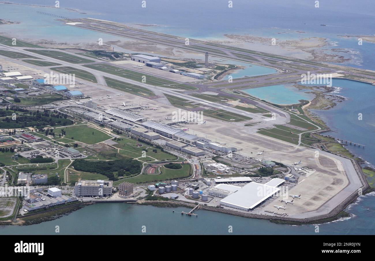 An aerial photo shows Naha Airport in Naha City, Okinawa Prefecture on ...