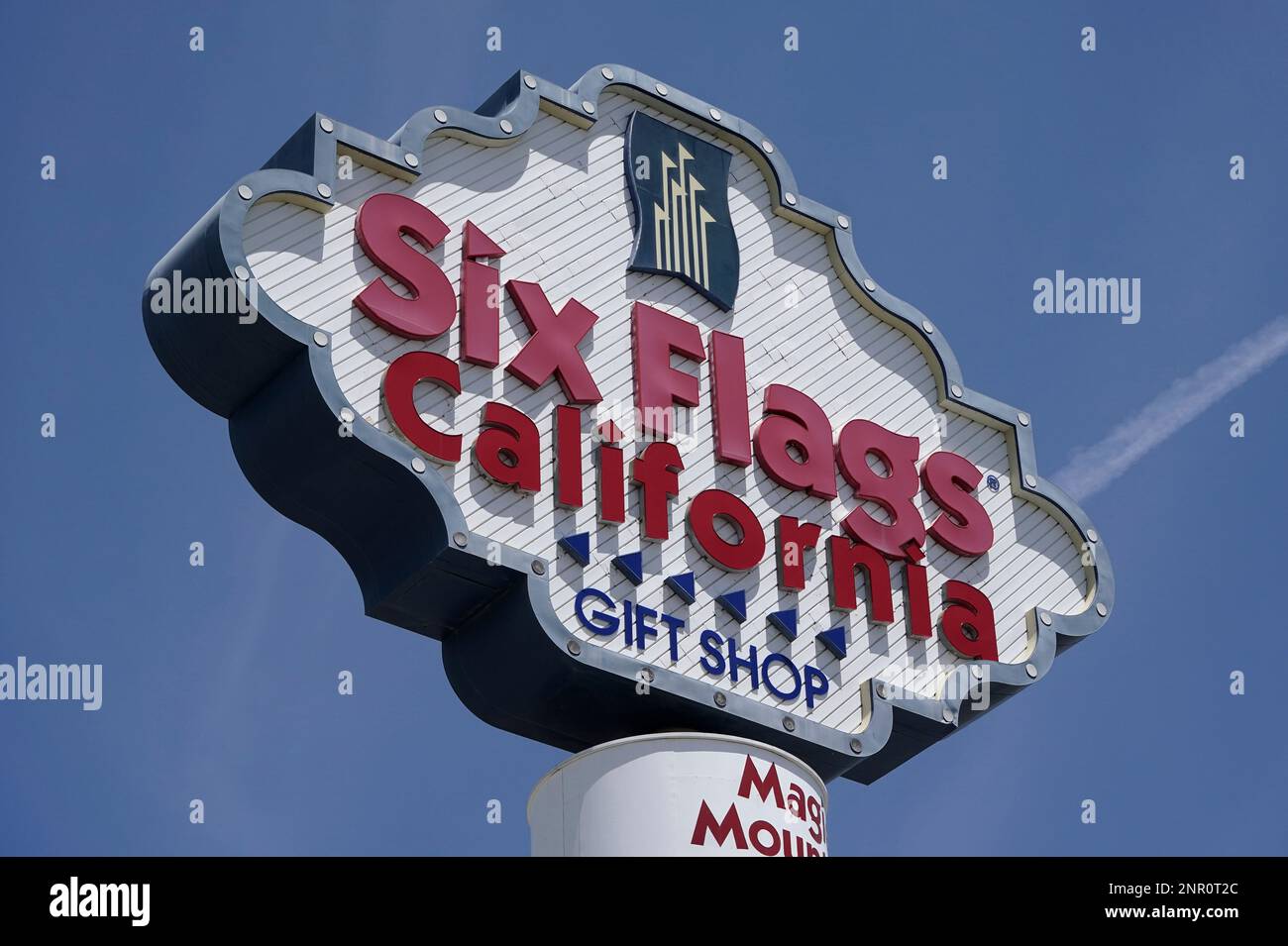 Six Flags California Magic Mountain and Hurricane Harbor sign at the ...
