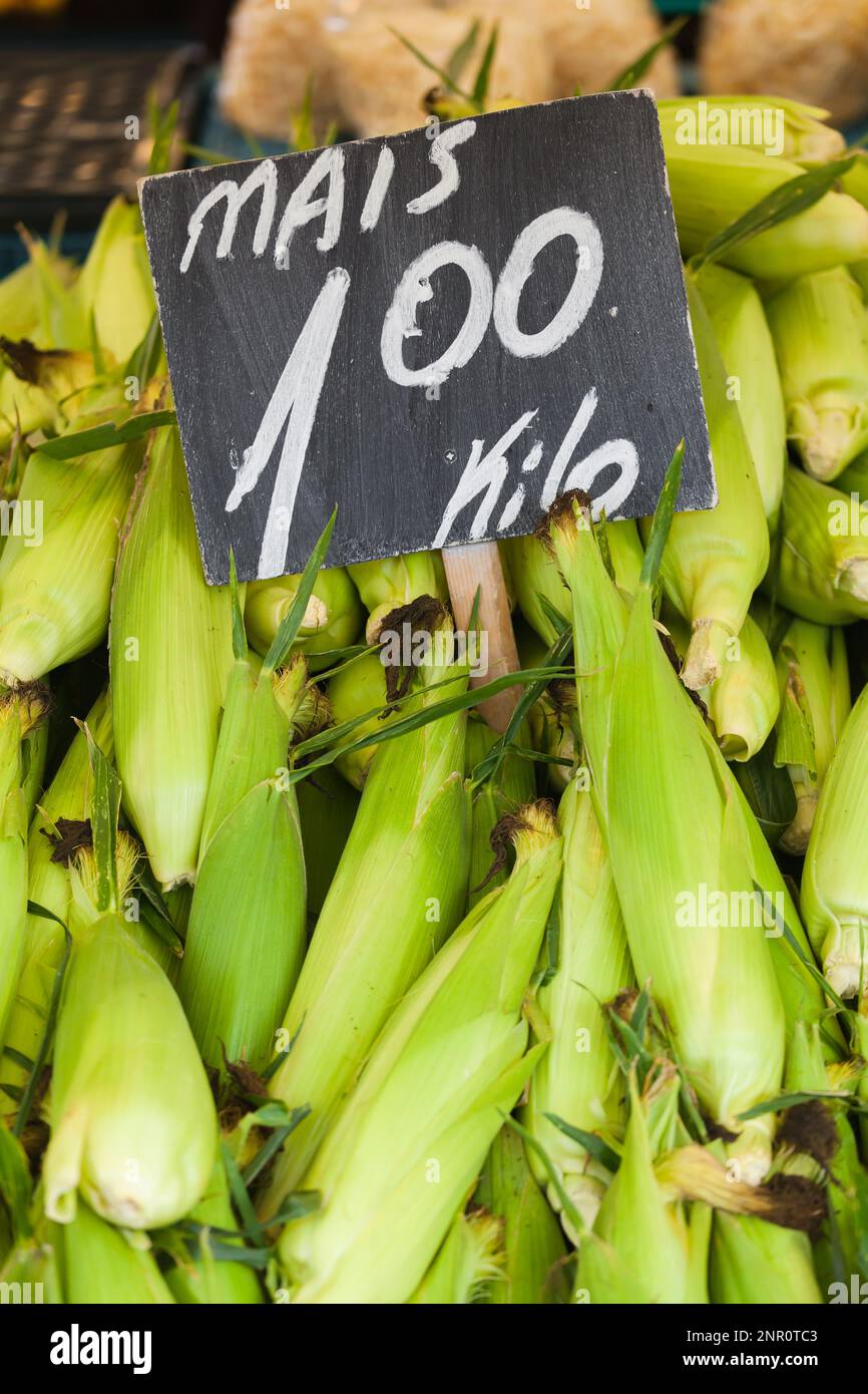 picture of corn cobs on display at a market stall with the German word ...