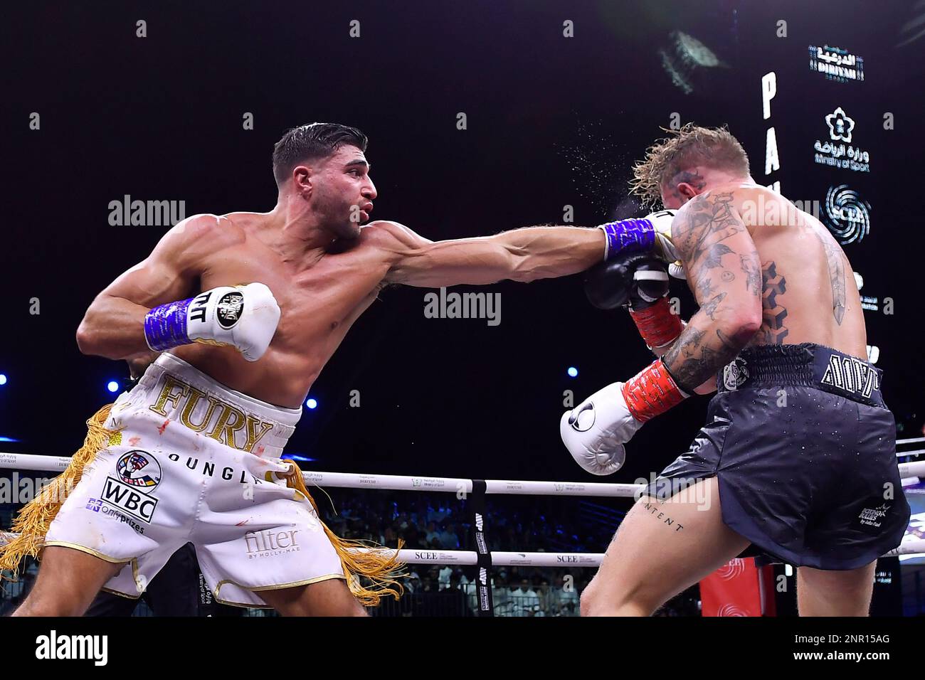 Jake Paul, right, and Tommy Fury, in action during their boxing match ...