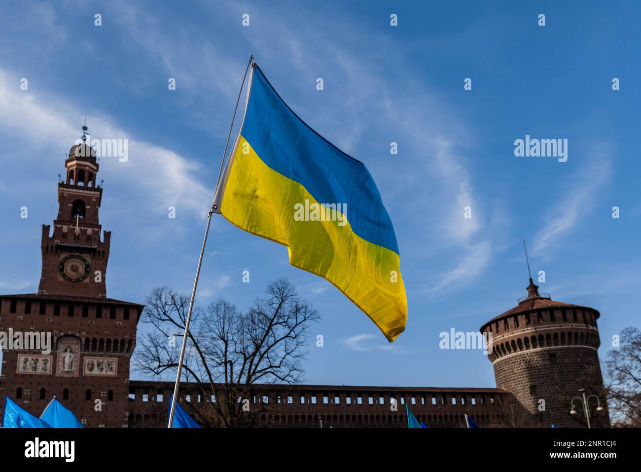 Flag with yellow and blue striped colors of Ukraine waving in the wind ...
