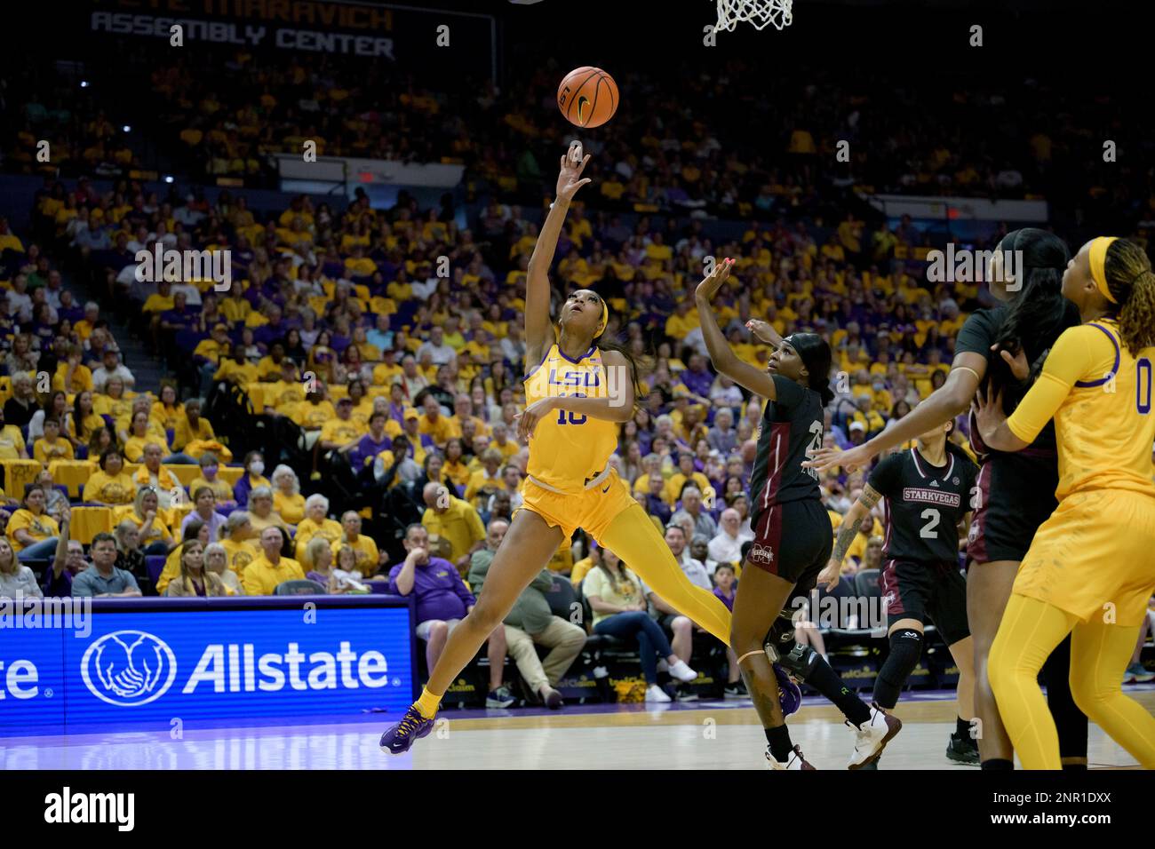 LSU forward Angel Reese (10) shoots against Mississippi State forward ...