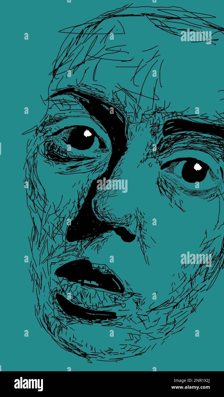 Here is a hand drawn young man’s face with a distraught, distressed or ...