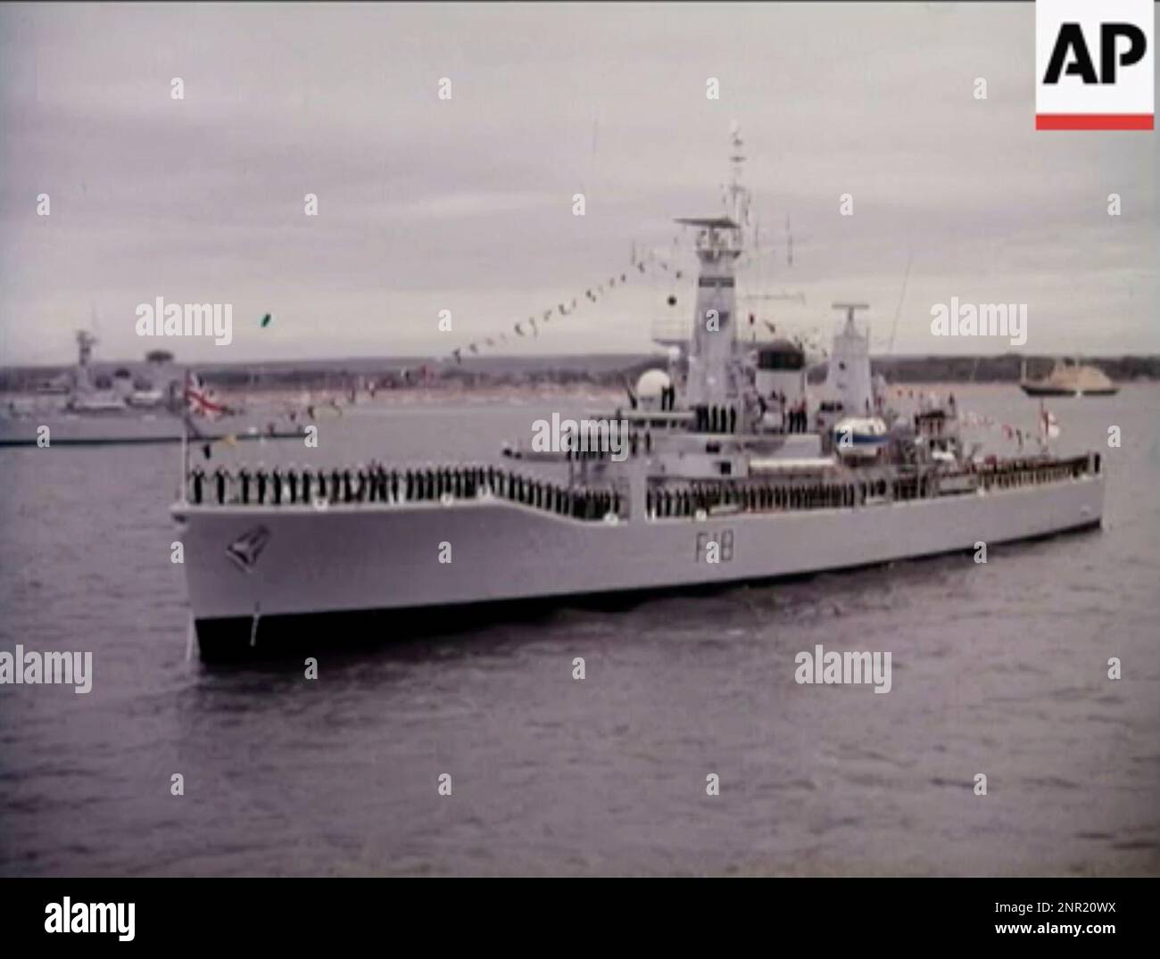 An image from video taken in 1977 showing HMS Galatea, a a Leander ...