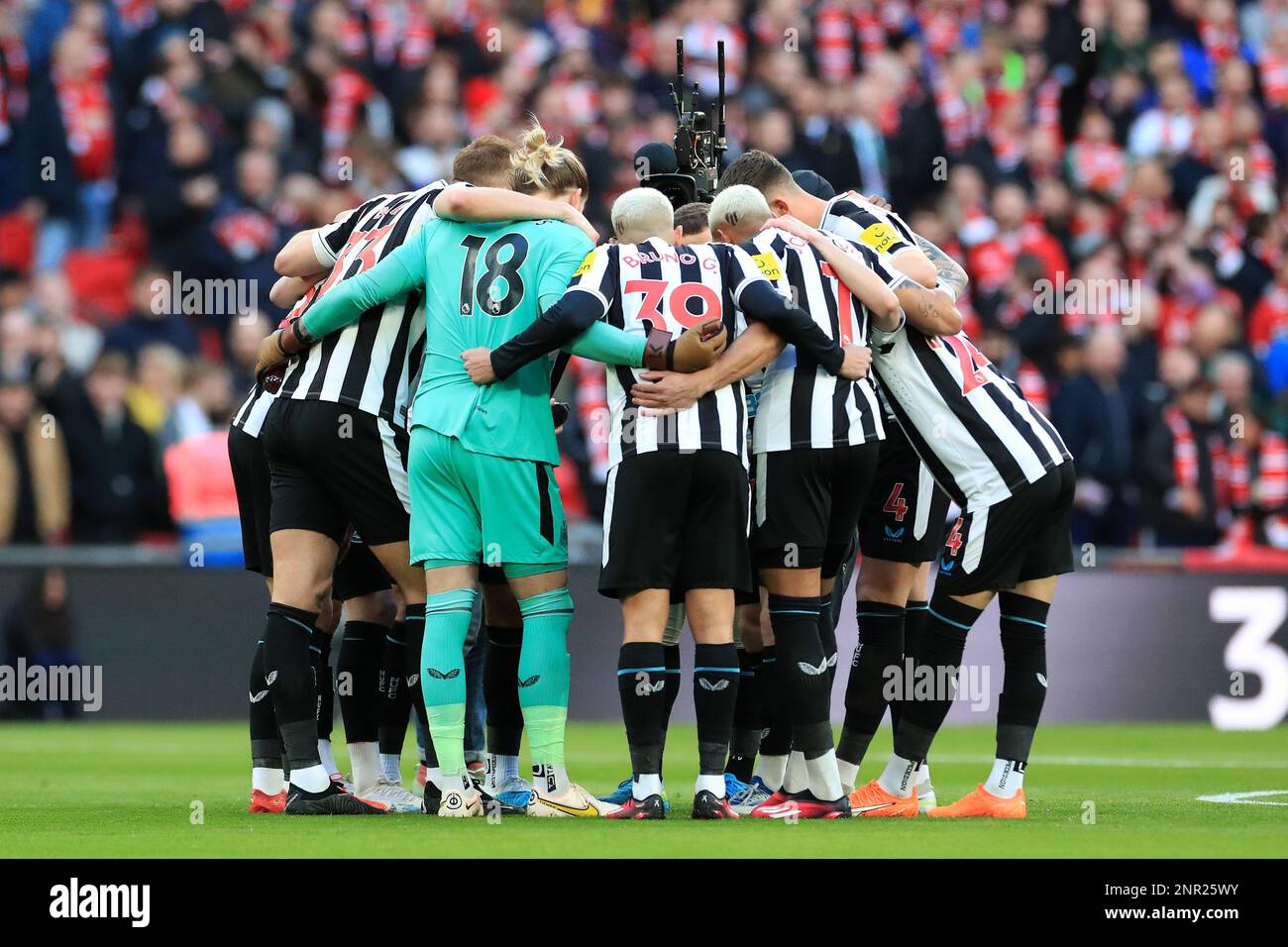 London, UK. 26th Feb, 2023. Newcastle United huddle pre-match during ...