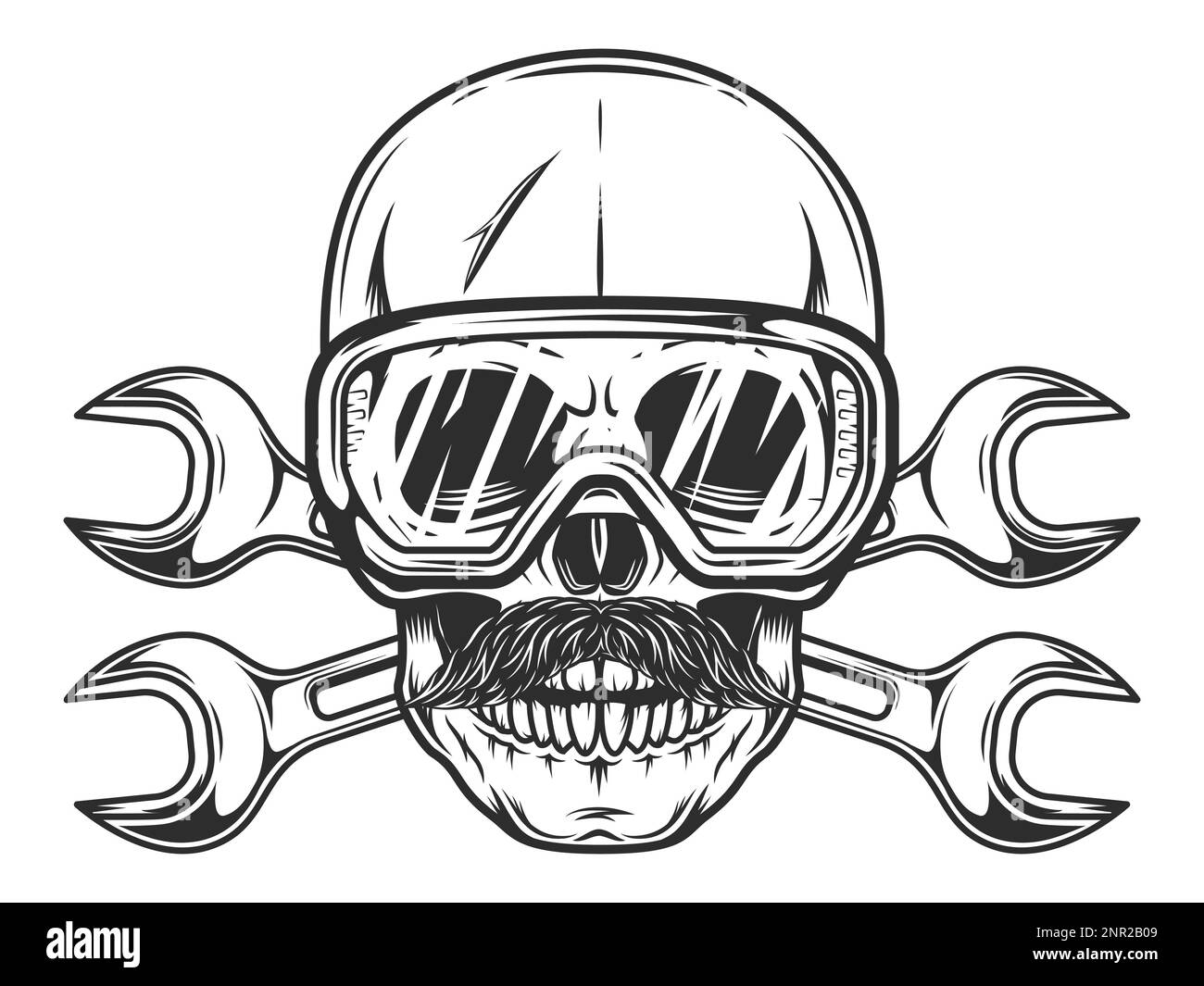 Skull with mustache in safety glasses and body shop repair car and ...