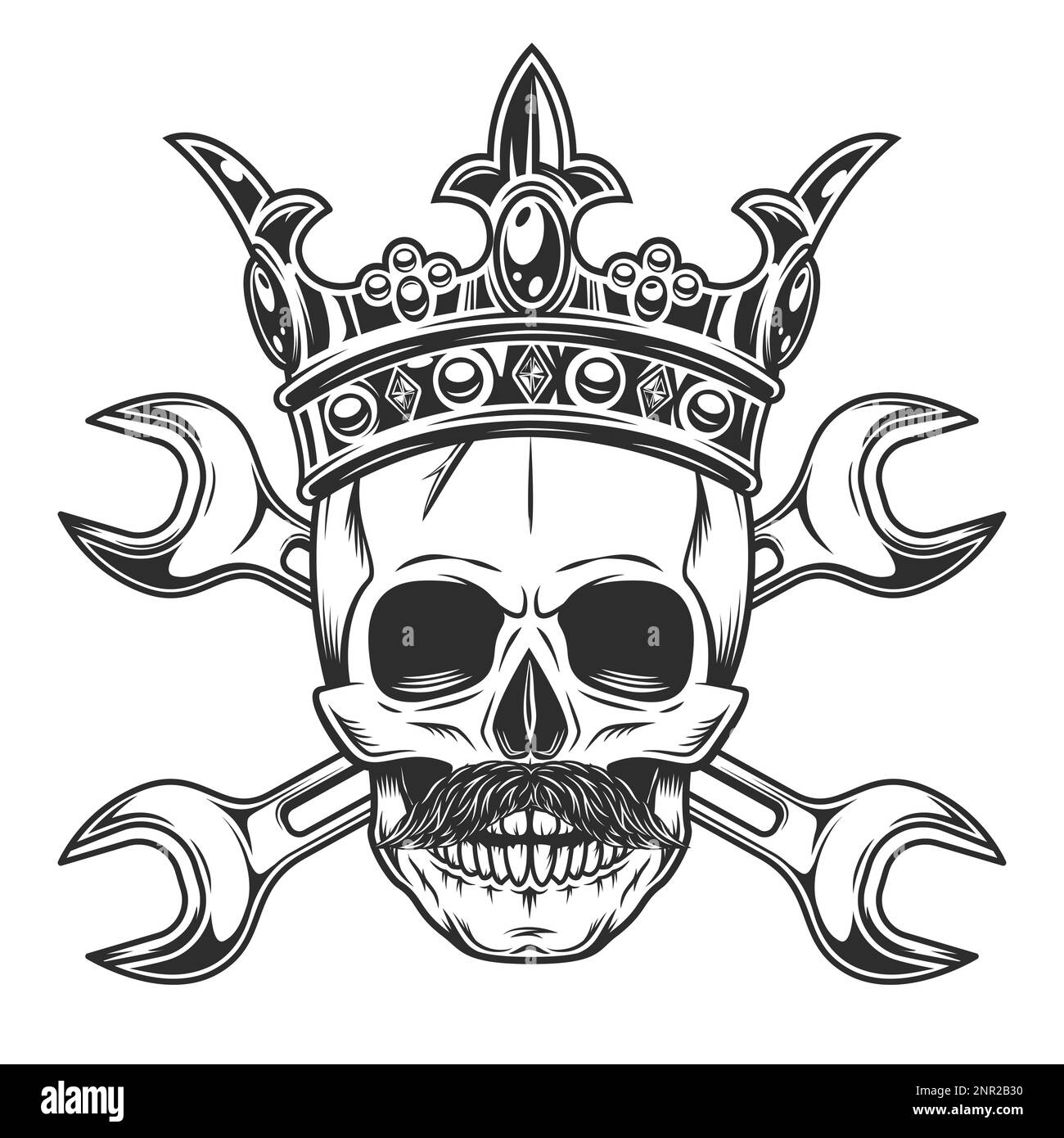 Skull with mustache in crown and construction builder plumbing wrench ...