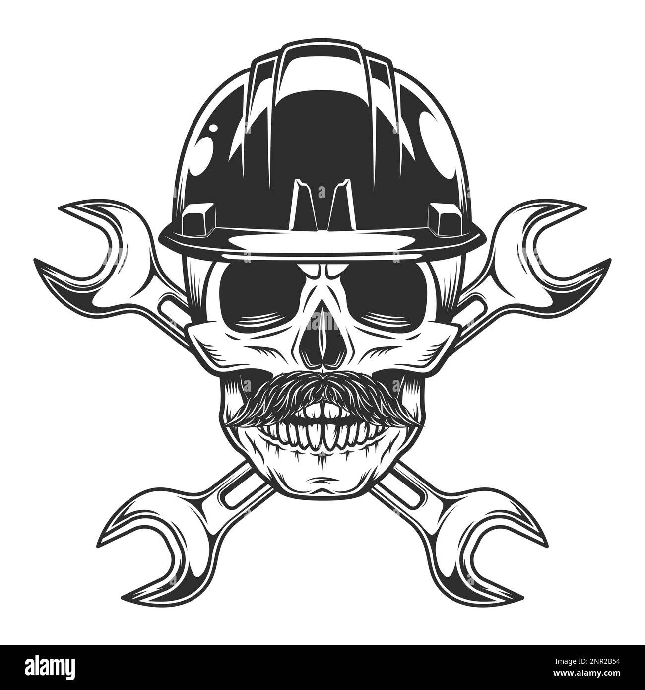 Skull with mustache in helmet hard hat and construction builder ...
