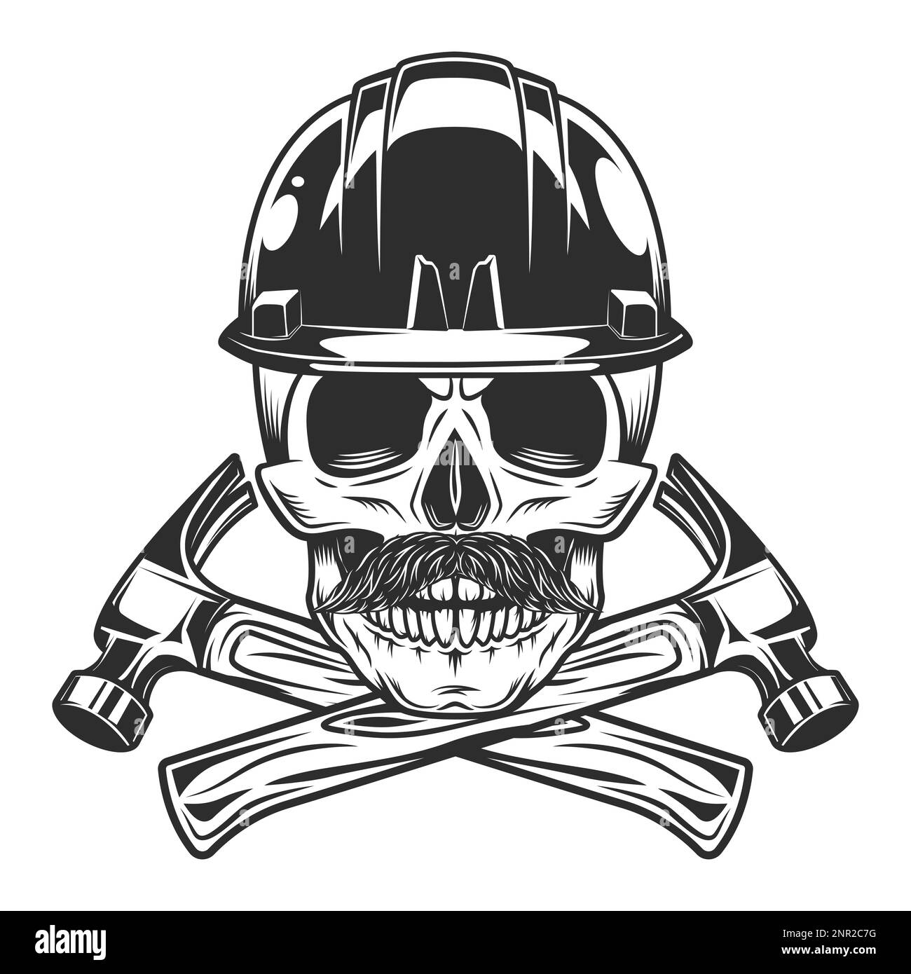 Skull with mustache and helmet hard hat builder crossed hammers from ...