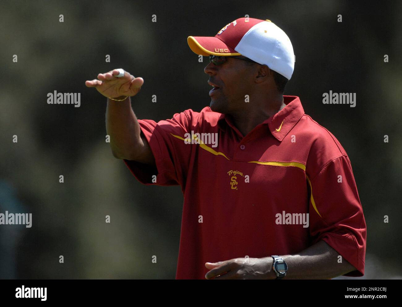 USC jumps coach Mike Pullins duirng the women's triple jump competition ...