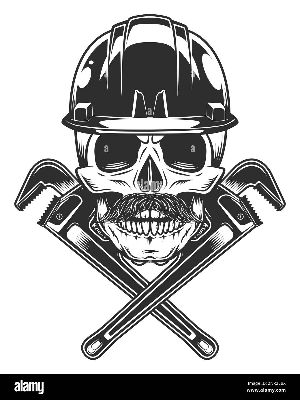 Skull in helmet hard hat with mustache with construction wrench for gas ...