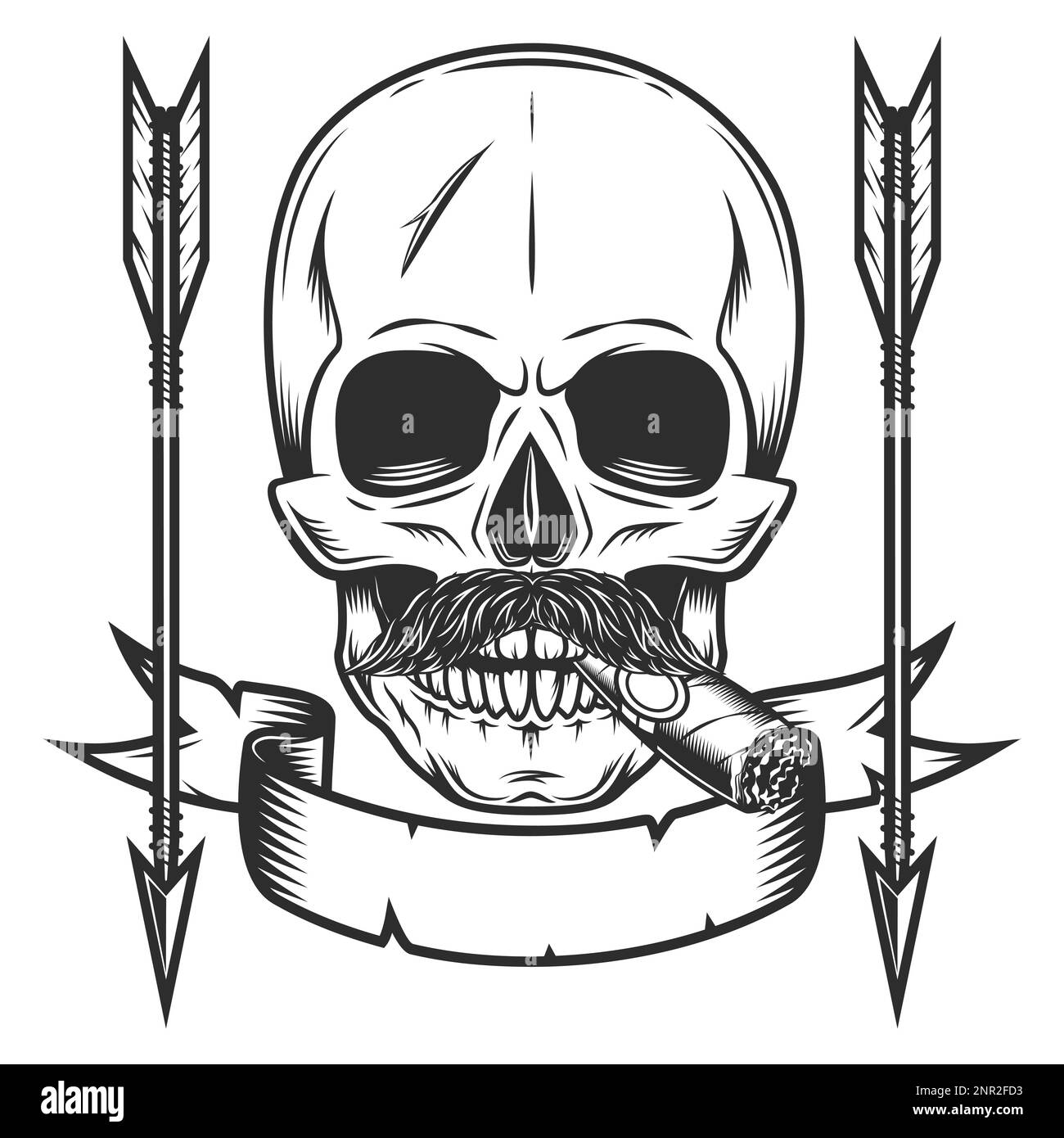 Skull smoking cigar or cigarette with mustache with vintage hunting ...