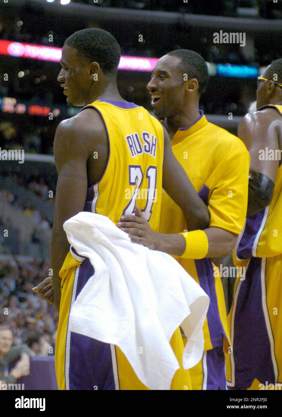 Los Angeles Lakers guard Kobe Bryant (8) congratulates Kareem Rush ...