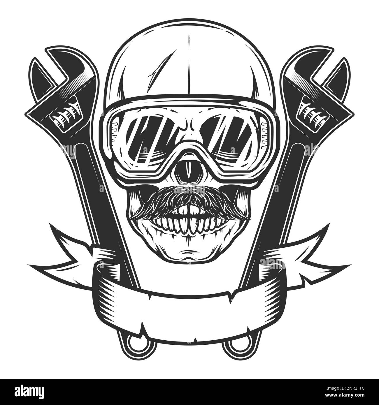 Skull with mustache in safety glasses with construction wrench for gas ...