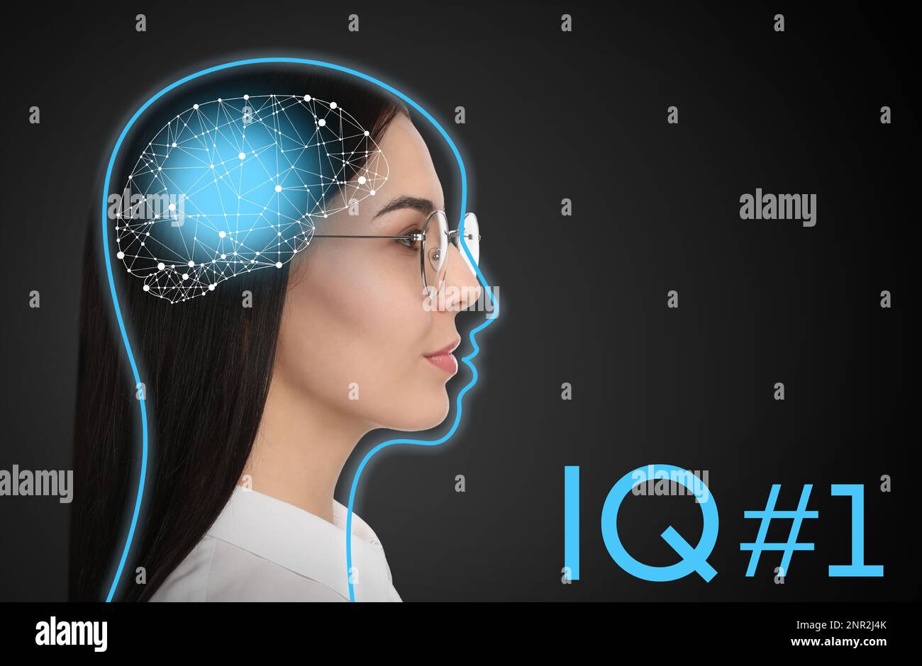 Young woman and illustrated head with brain on black background. IQ ...