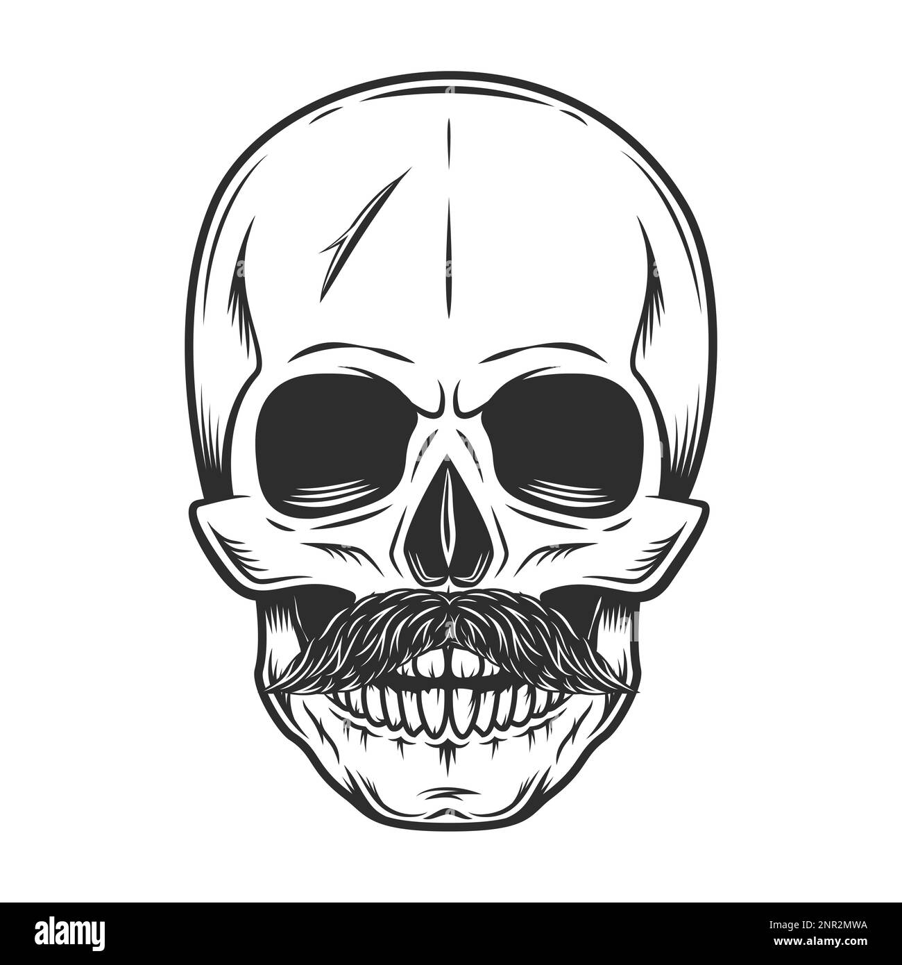 Hipster skull with mustache and Isolated on white background monochrome ...