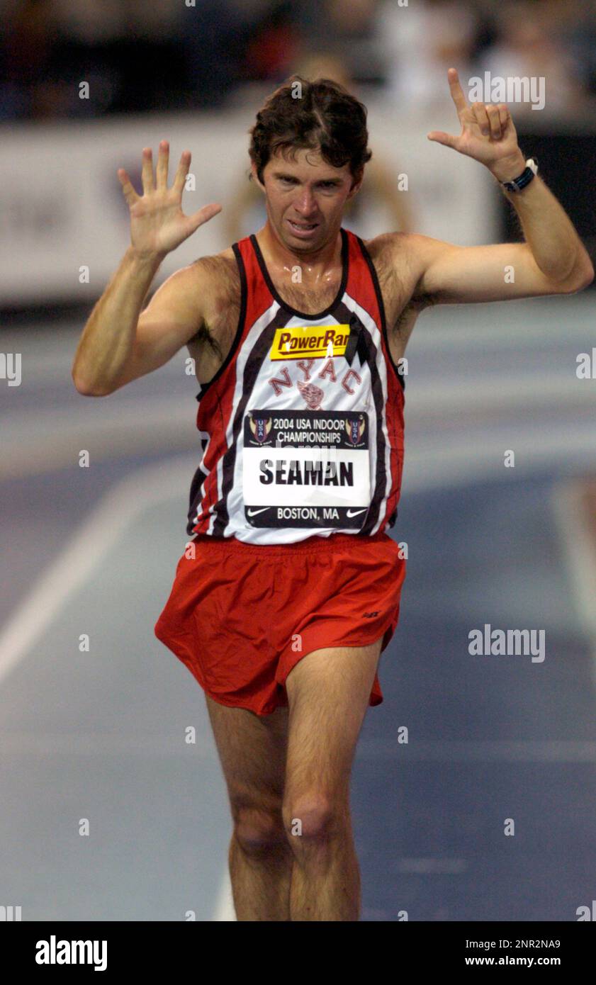 Tim Seaman celebrates after winning the 5,000-meter race walk in 19:30 ...