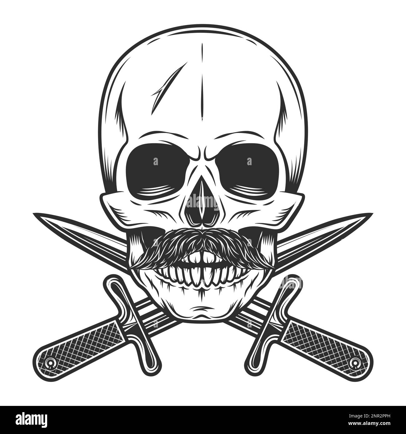 Hipster skull with mustache and crossed knife dagger isolated on white ...