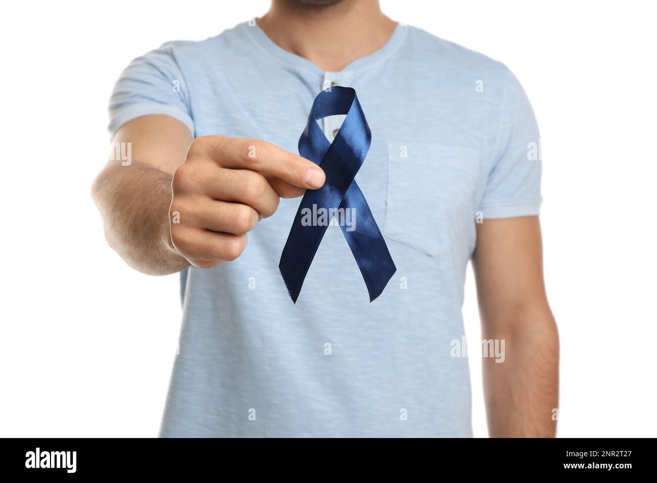 Man with blue ribbon on white background, closeup. Urology cancer ...
