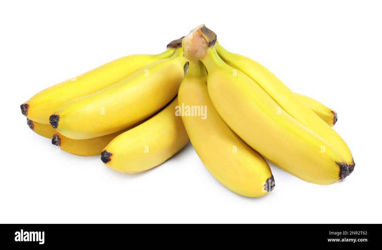 Clusters of ripe baby bananas on white background Stock Photo - Alamy