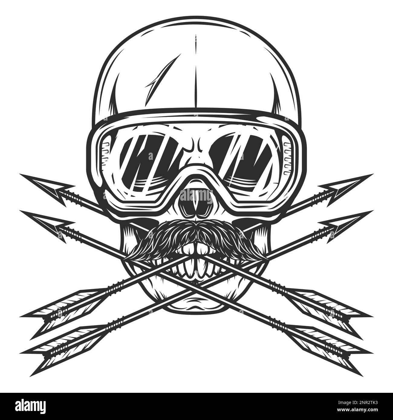 Skull with mustache in safety glasses and vintage hunting arrow in ...