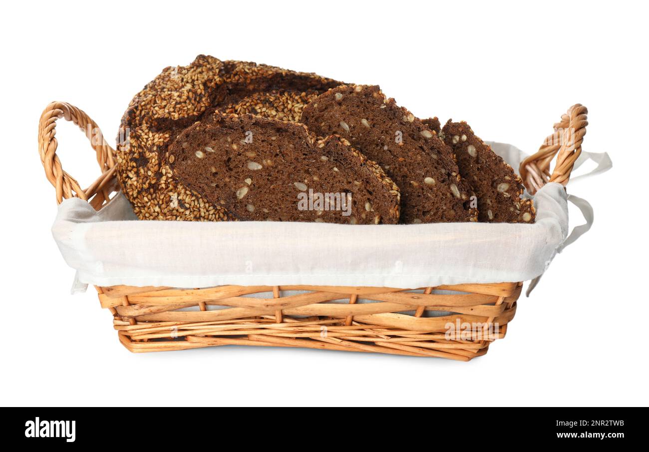 Fresh rye bread in basket on white background Stock Photo - Alamy