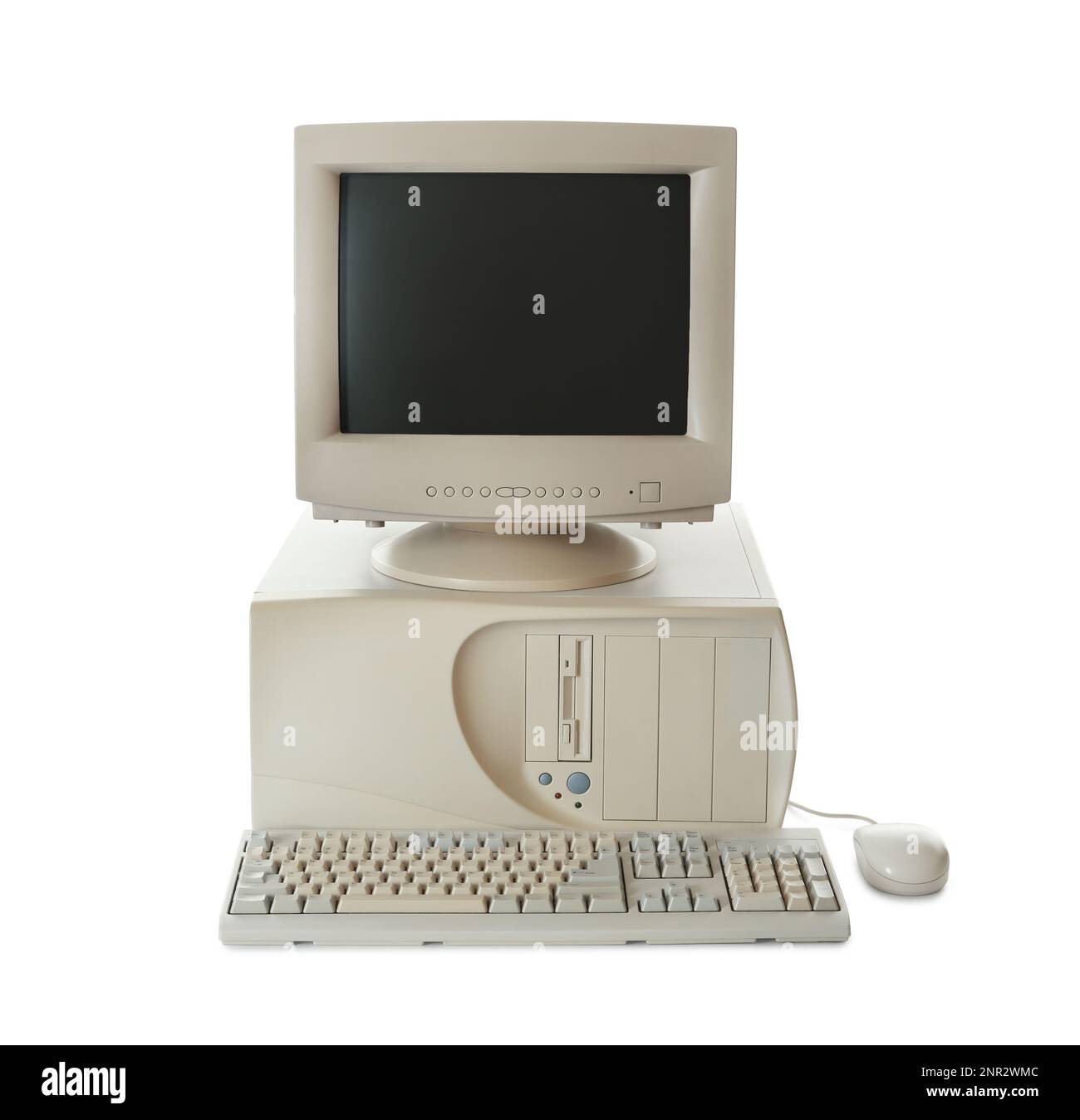 Old computer monitor, keyboard, system unit and mouse on white ...