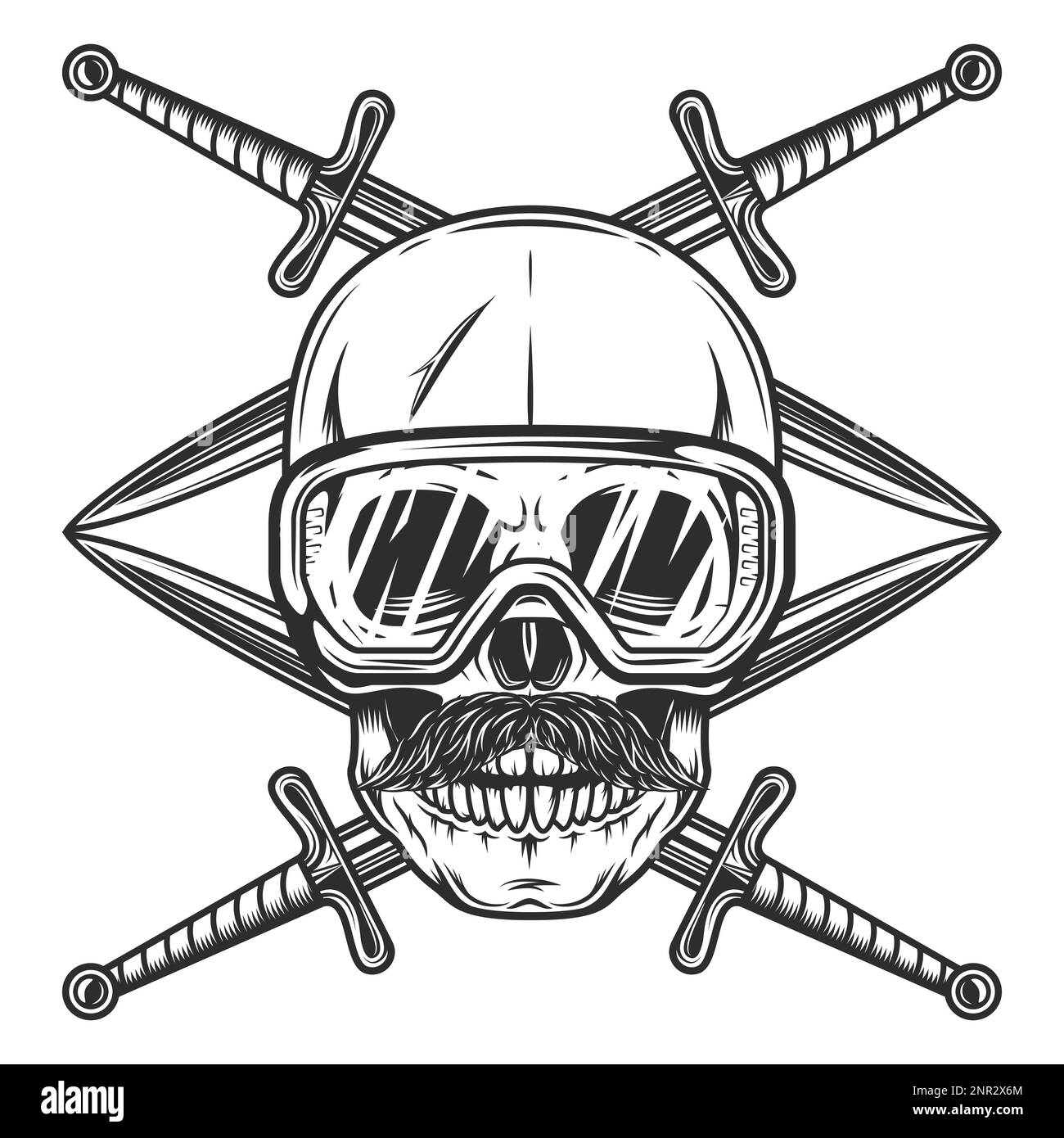 Skull with mustache in construction safety glasses and crossed sword ...