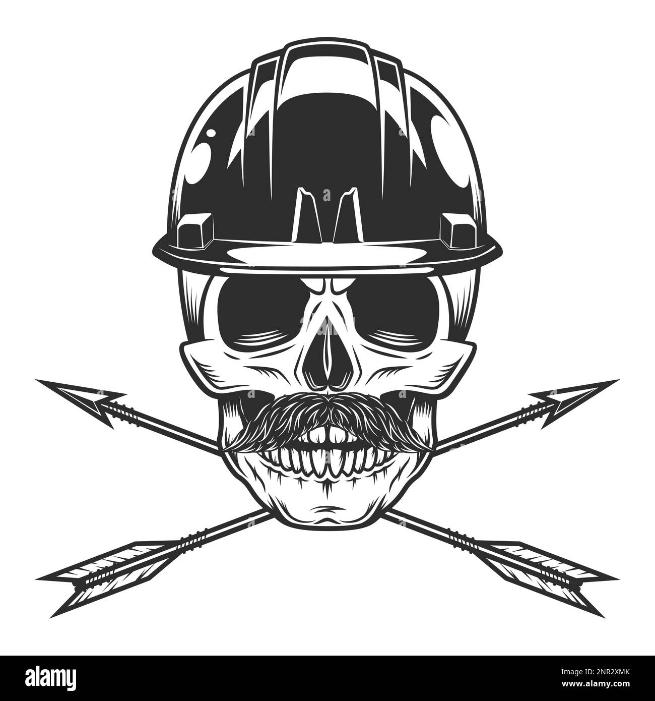 Skull with mustache in construction helmet hard hat and vintage hunting ...