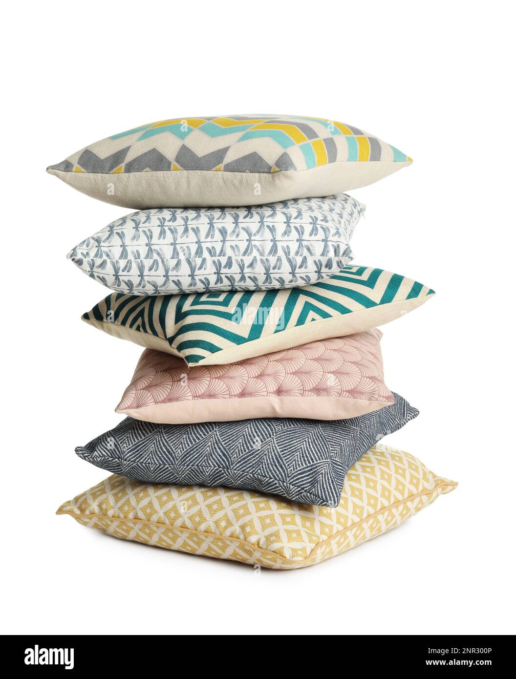 Stack of colorful decorative pillows on white background Stock Photo ...