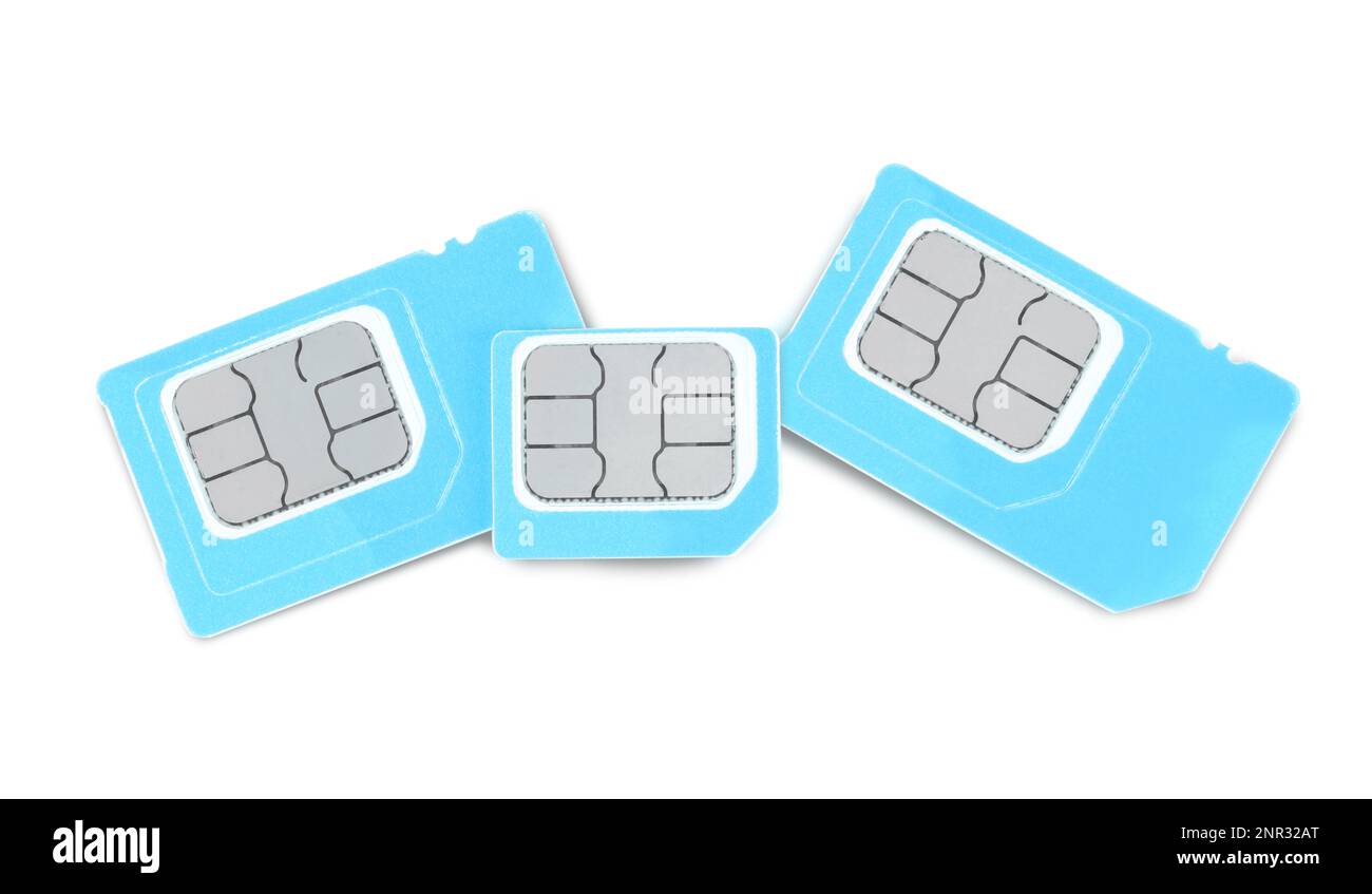 Light blue SIM cards on white background, top view Stock Photo - Alamy