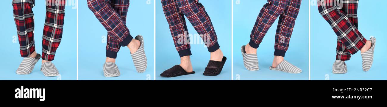 Collage with photos of men wearing stylish slippers on blue background ...