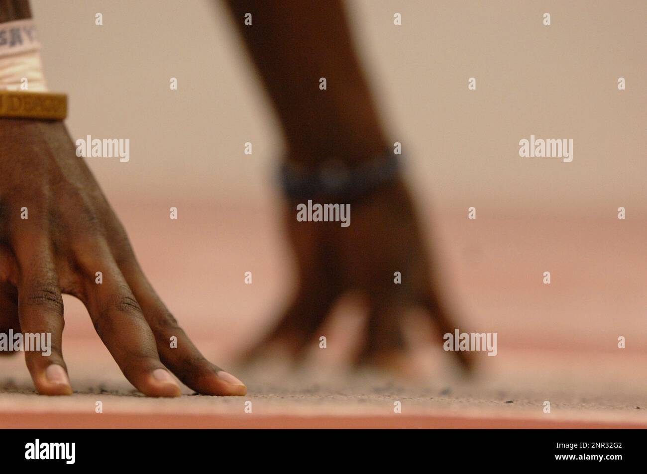 Michael Bingham of Wake Forest takes his mark in the starting blocks ...