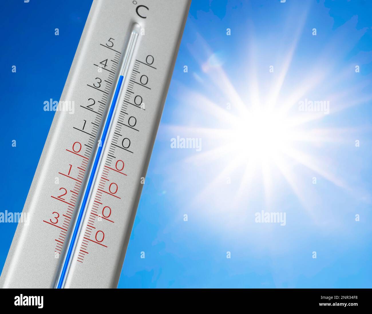 Weather thermometer with high temperature outdoors on hot sunny day ...