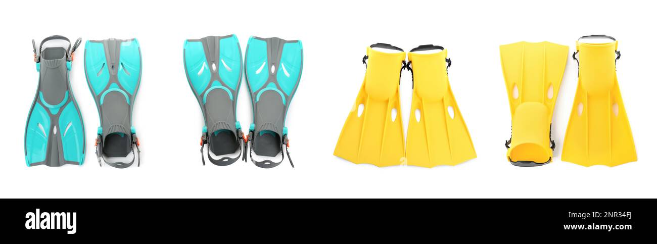Set with different flippers on white background, top view. Banner ...