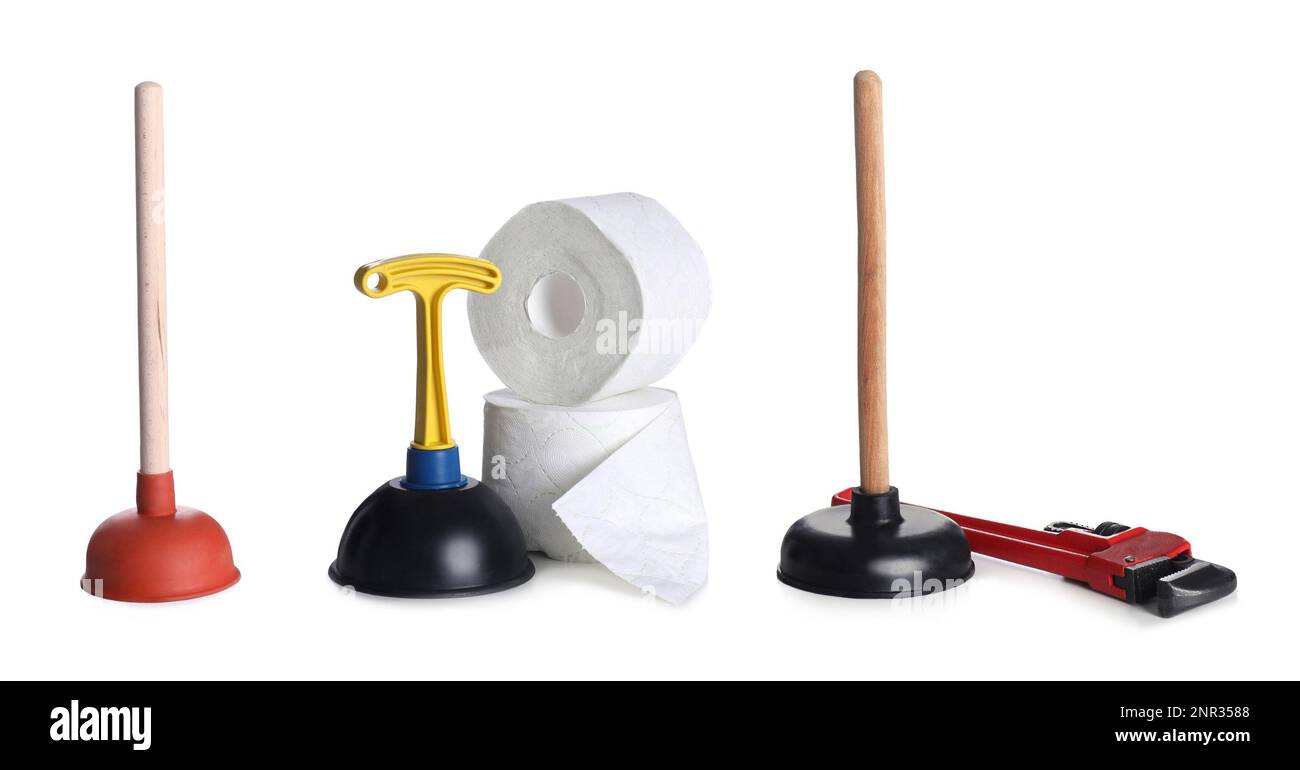 Set with different plungers on white background. Banner design Stock ...