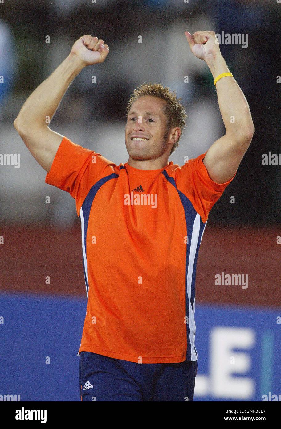 Rens Blom of the Netherlands celebrates after winning the pole vault at ...