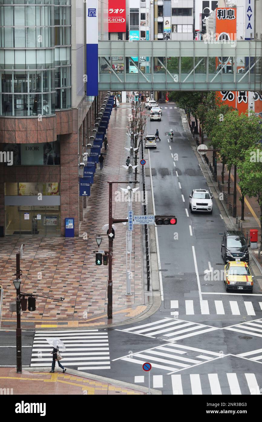 A photo shows quiet Tenjin district in Fukuoka on April 19, 2020, amid ...