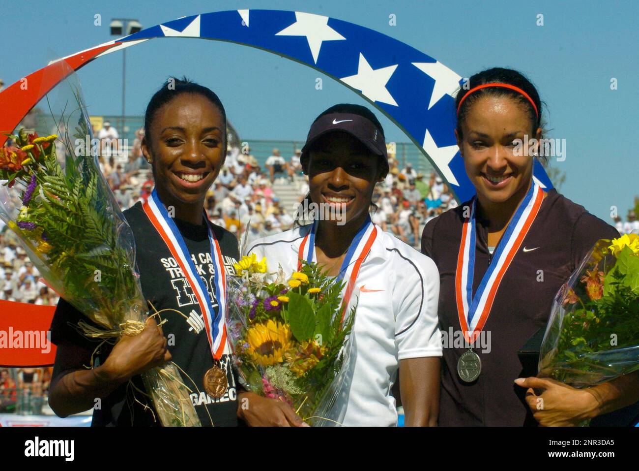 Women's 400-meter medallists from left: Lashinda Demus (third), Sheena ...
