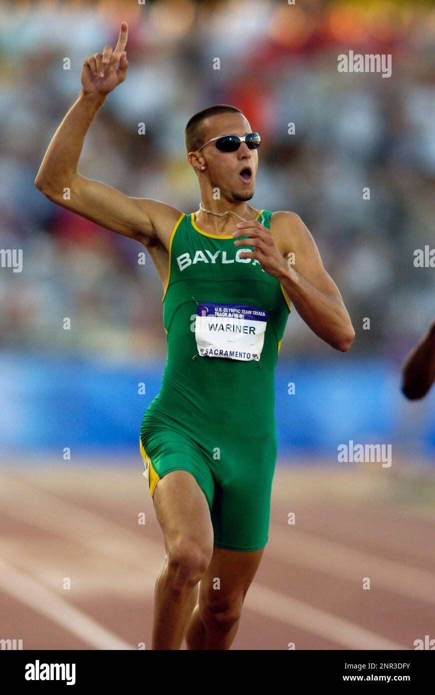 Jeremy Wariner of Baylor celebrates after winning the men's 400 meters ...