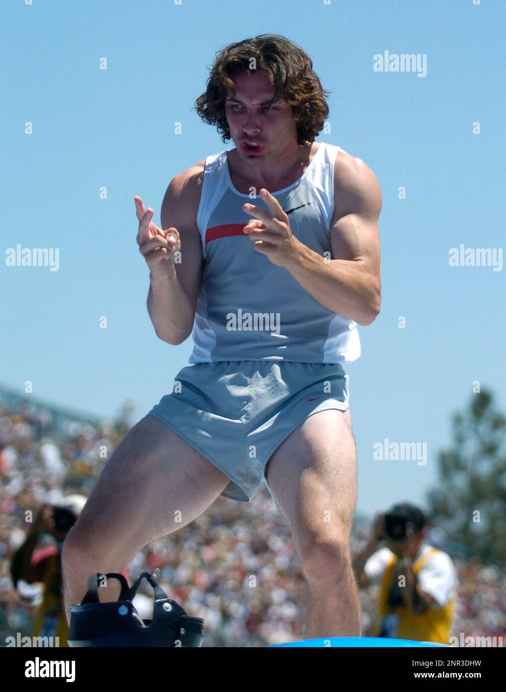Toby Stevenson celebrates a clearance in the men's pole vault in the U ...