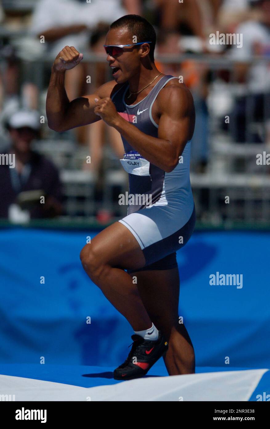 Decathlon winner Bryan Clay celebrates a clearance of 16-8 3/4 in the ...