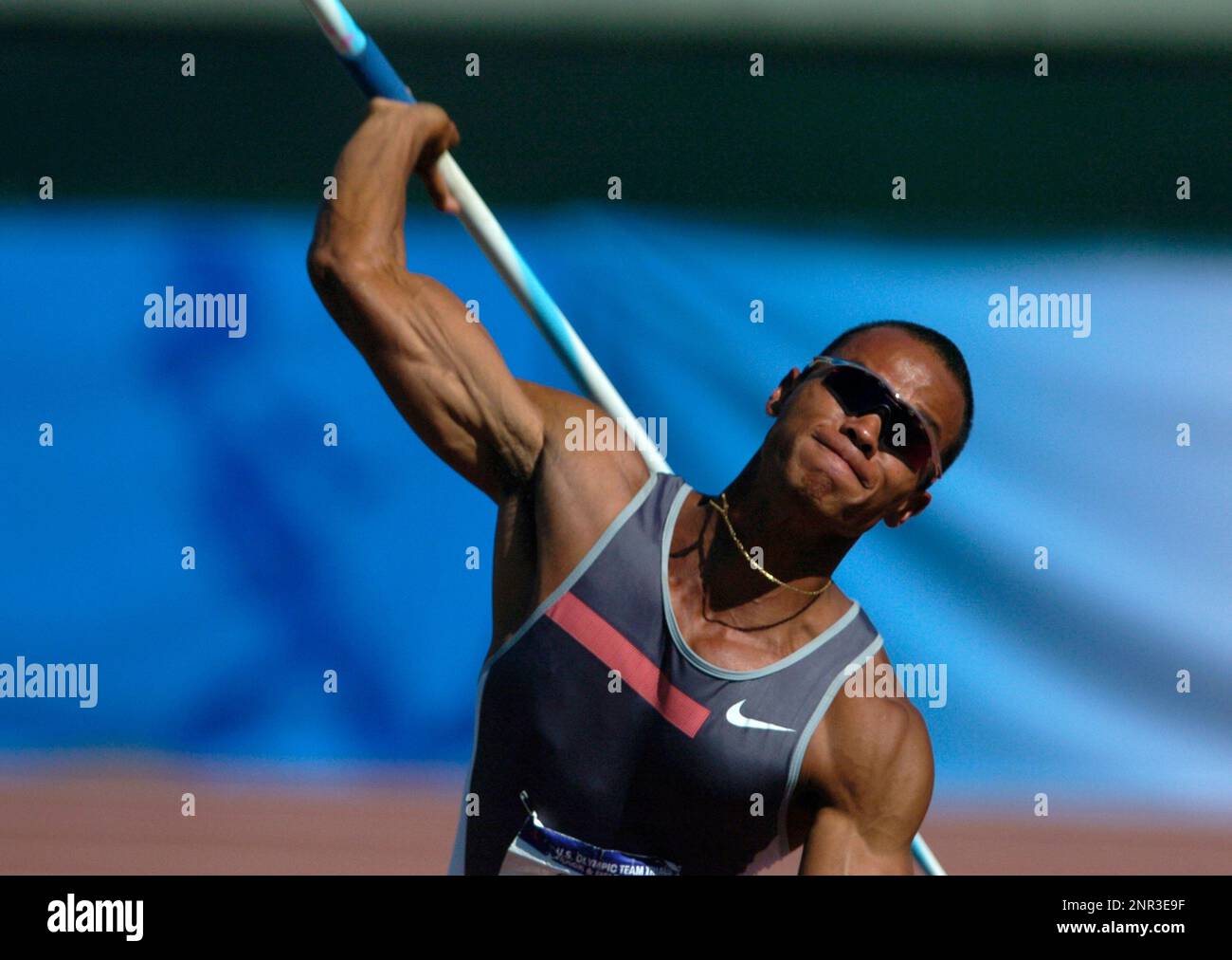 Decathlon winner Bryan Clay throws in the javelin in the U.S. Olympic ...