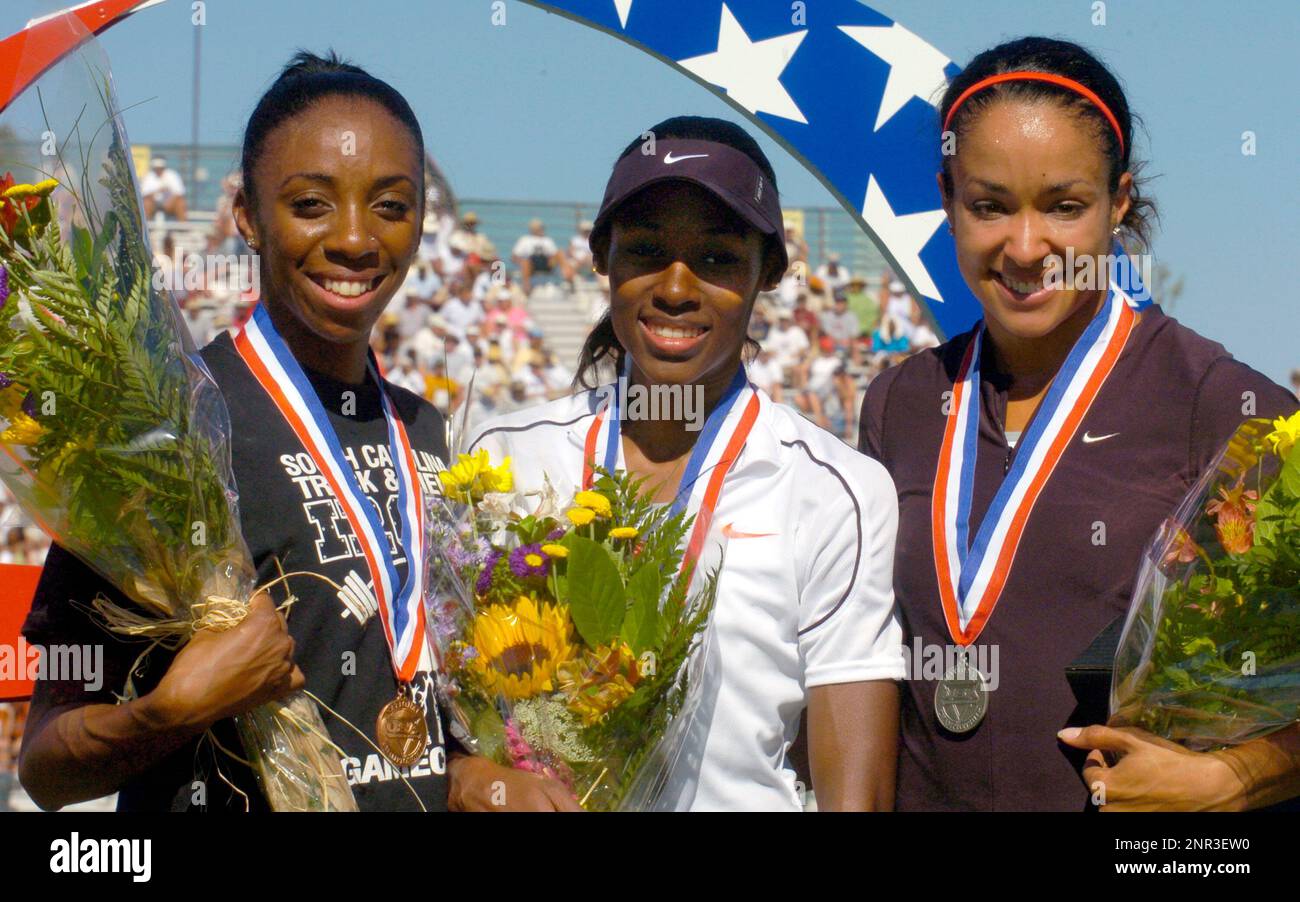 Women's 400-meter medallists from left: Lashinda Demus (third), Sheena ...