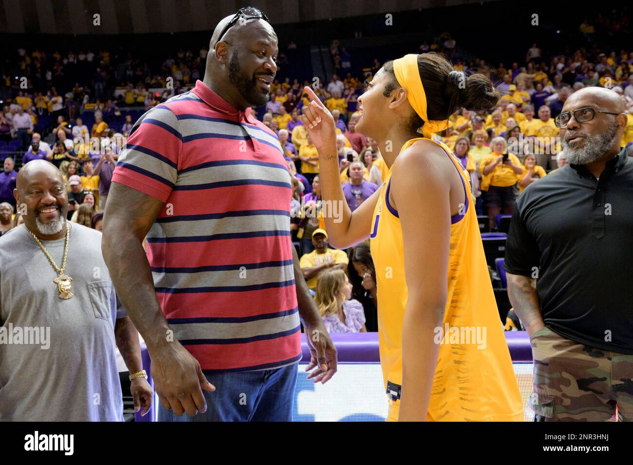 LSU forward Angel Reese, right, jokes with former LSU and NBA center ...