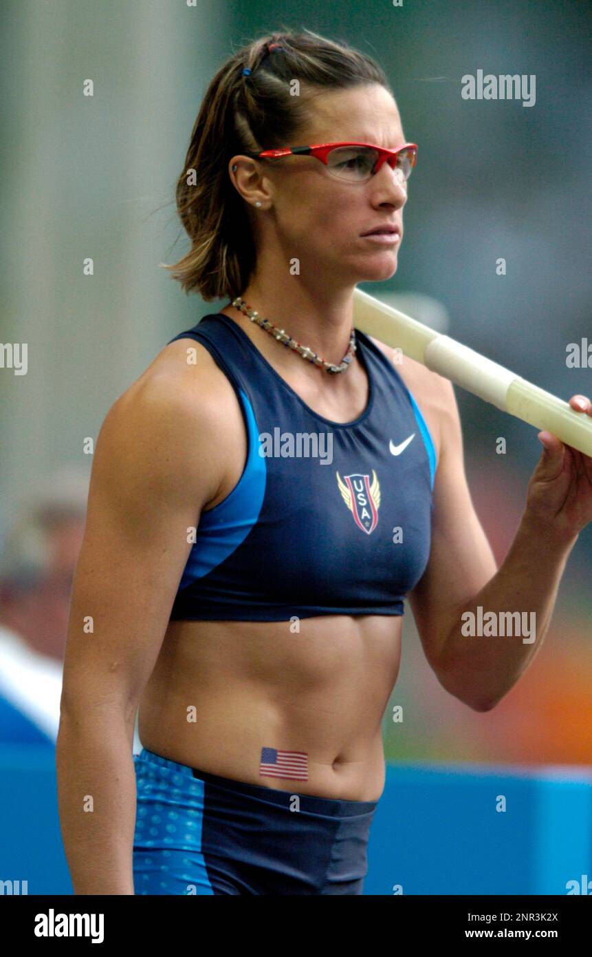 Stacy Dragila of the United States tied for fourth in the pole vault in ...