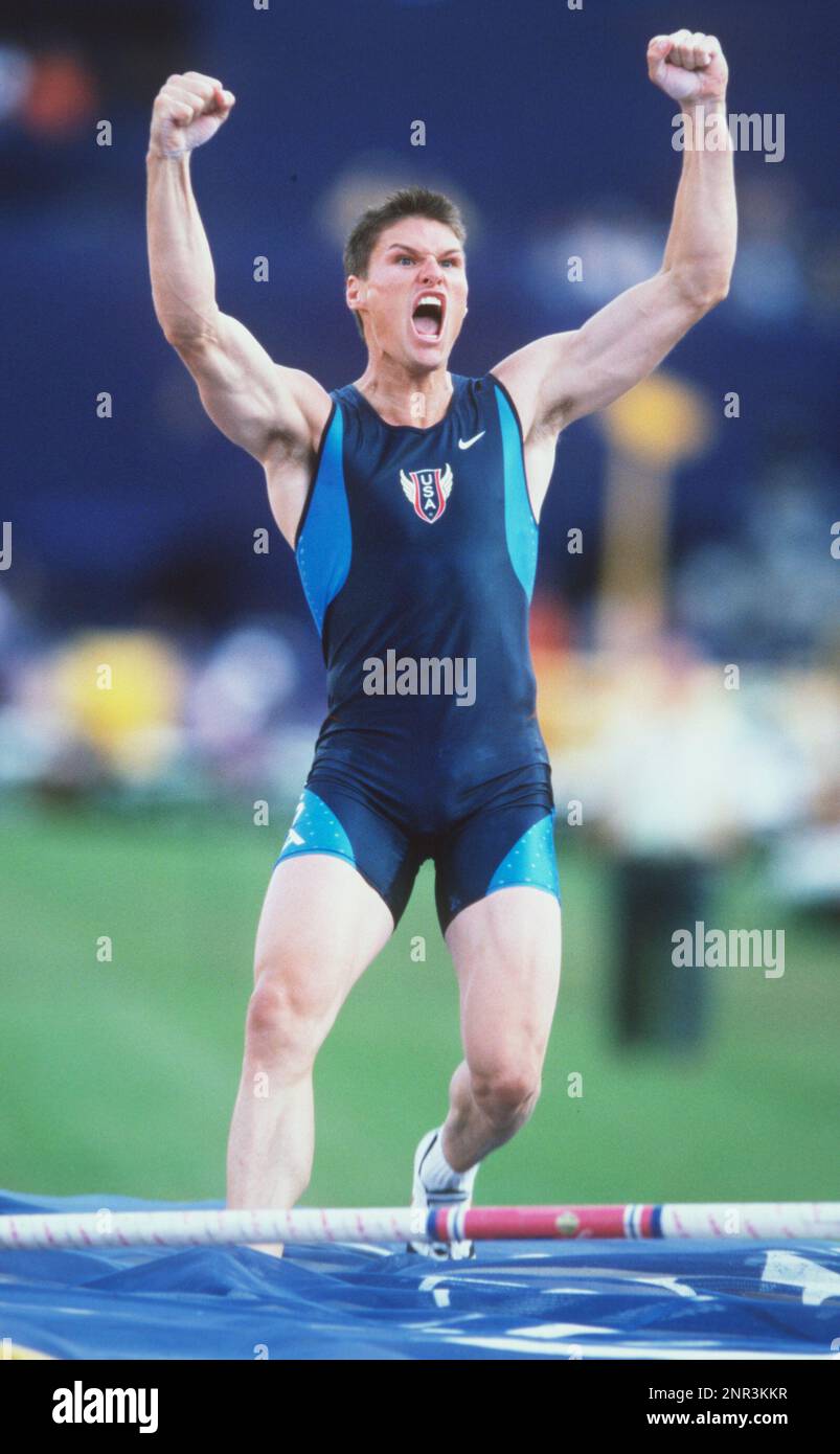 Nick Hysong (USA) celebrates after placing third in the pole vault at ...