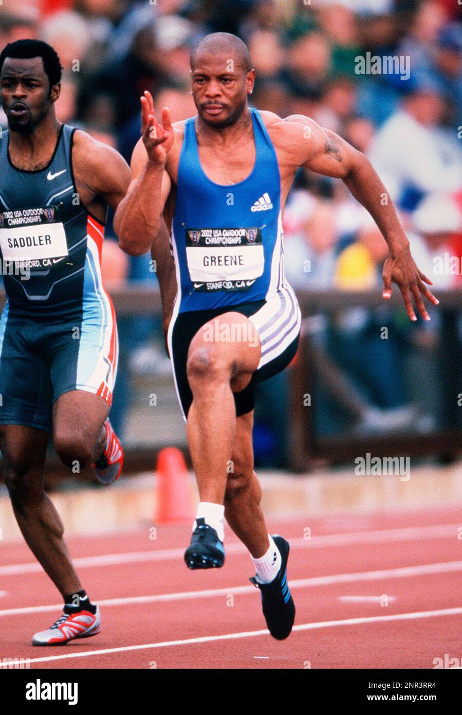 Jun 21, 2002; Stanford, CA, Maurice Greene competes in a 100m heat in ...